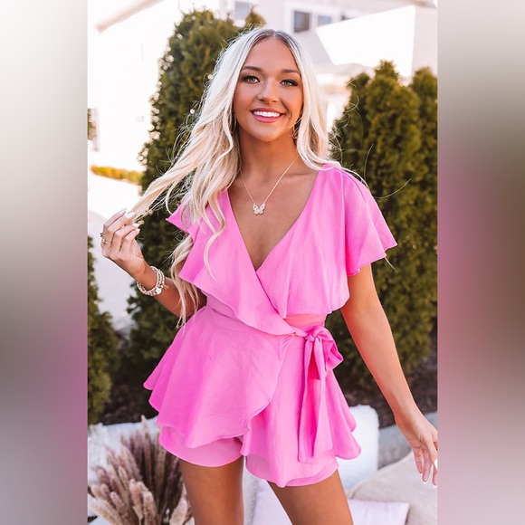 Impressions | Other | Early Weekend Wrap Romper In Pink | Poshmark